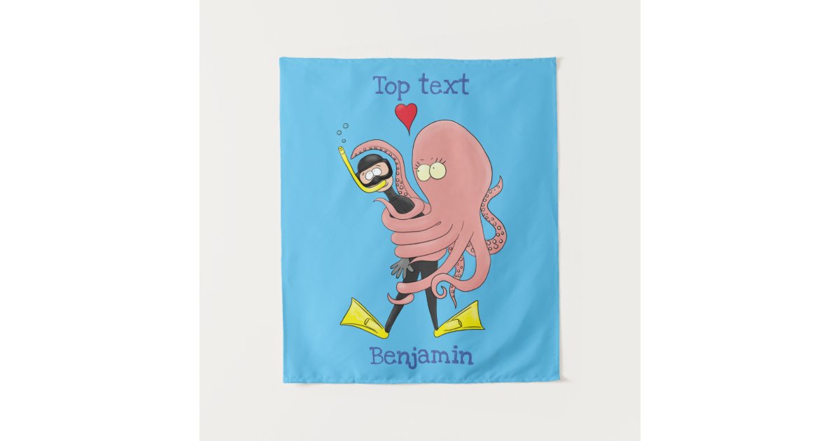 Funny octopus hugs diver cartoon humour tapestry | Zazzle