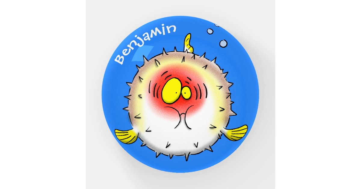 Funny puffer fish porcupine fish cartoon paperweight | Zazzle