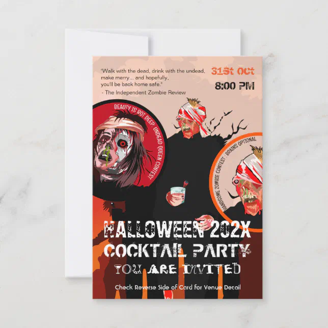Funny Pulp Halloween Zombie Costume Cocktail Party Invitation | Zazzle