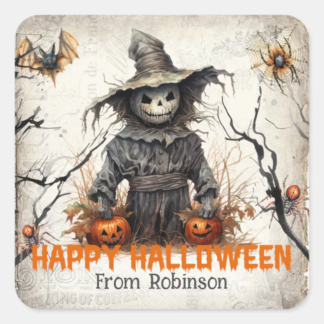 Funny retro spooky Halloween graveyard scarecrow Square Sticker | Zazzle