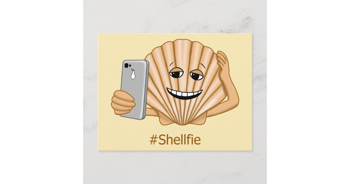 Funny Seashell Taking Cell Phone Shellfie Selfie Postcard | Zazzle