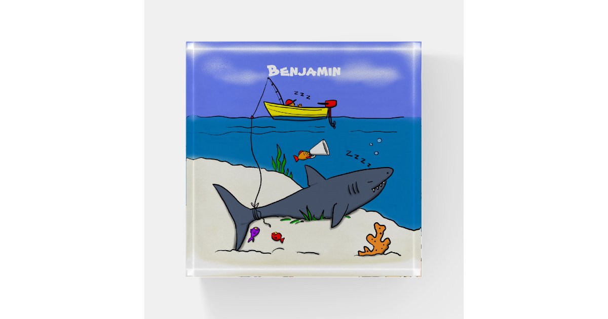 Funny sleeping shark and fishing cartoon paperweight | Zazzle