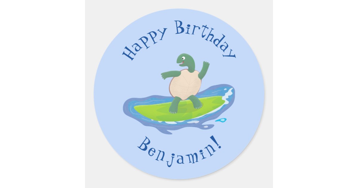 Funny tortoise wave surfing cartoon classic round sticker | Zazzle