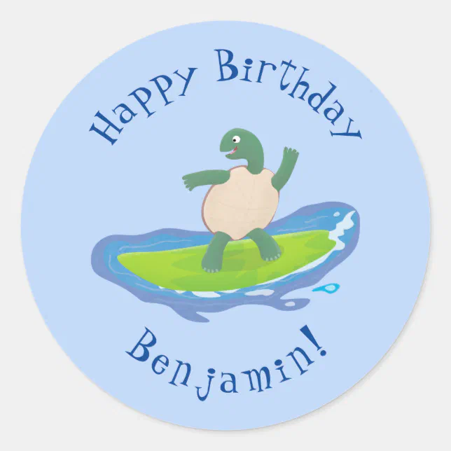 Funny tortoise wave surfing cartoon classic round sticker | Zazzle