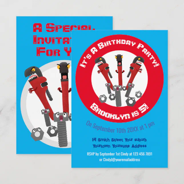 Funny wrench monster tools humour cartoon invitation | Zazzle