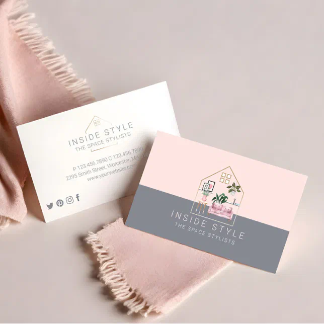 Furniture Decor Stylish Home Staging Pink & Grey Business Card | Zazzle