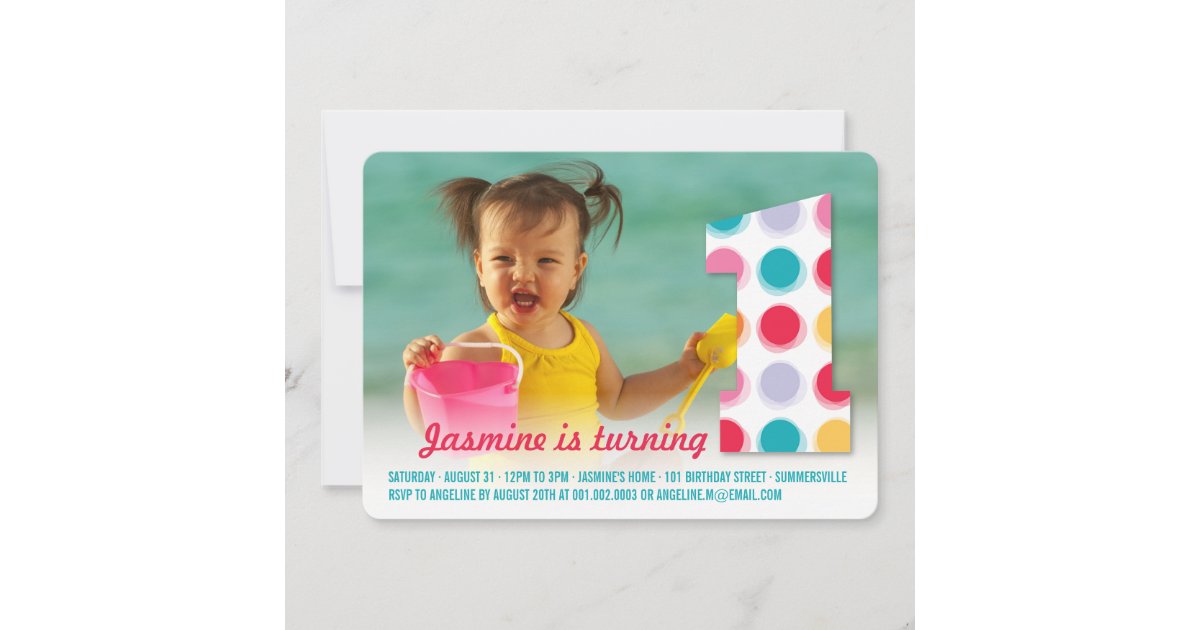 Fuzzy Modern Colour Dots 1st Birthday Party Photo Invitation | Zazzle