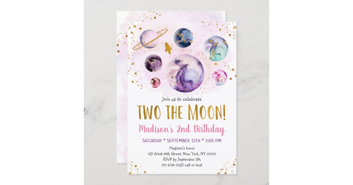 Galaxy Two The Moon Pink Gold Outer Space Birthday Invitation Zazzle