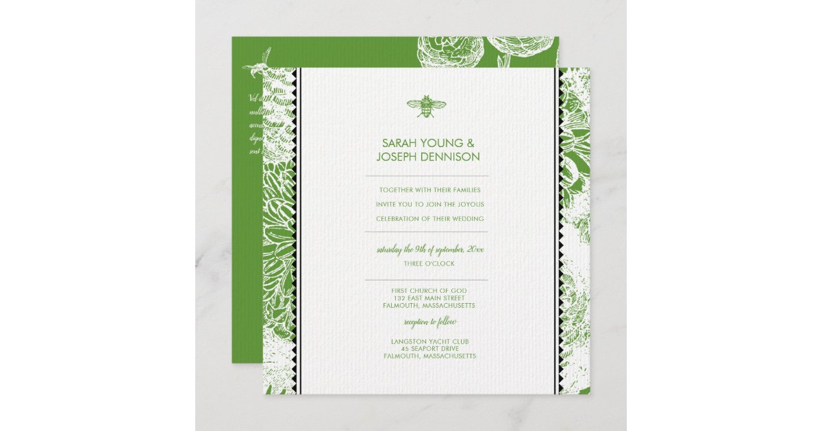 Garden Bee Green Toile Wedding Invitation | Zazzle