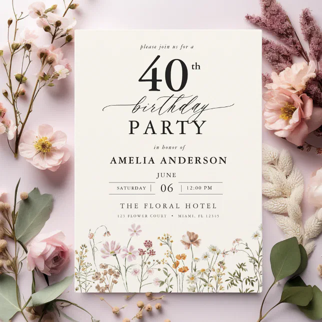 Garden Floral Calligraphy 40th Birthday Invitation | Zazzle