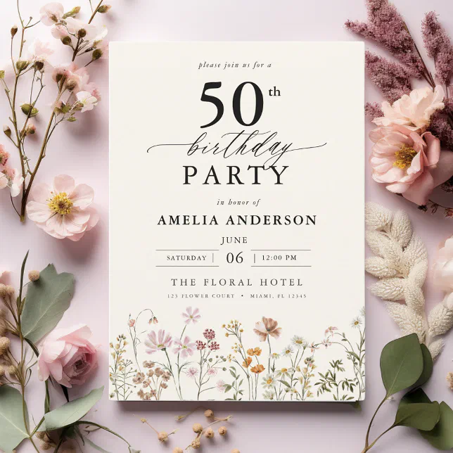Garden Floral Calligraphy 50th Birthday Invitation | Zazzle