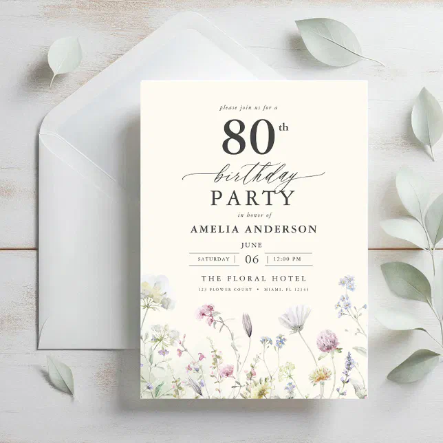 Garden Floral Calligraphy 80th Birthday Invitation | Zazzle