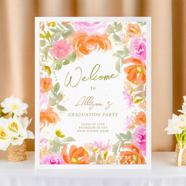 Garden orange wildflowers welcome graduation poster | Zazzle