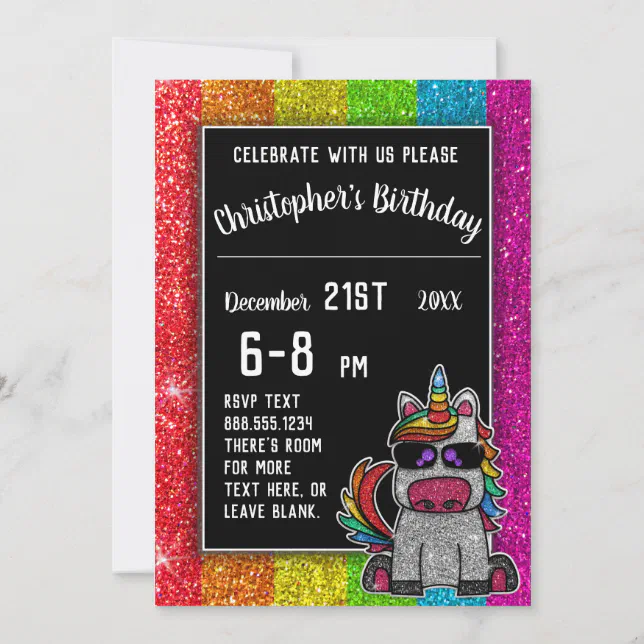 Gay Birthday Party Rainbow Glitter Unicorn LGBT+ Invitation | Zazzle