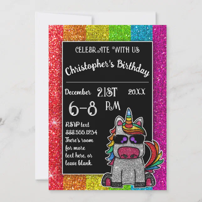 Gay Birthday Party Rainbow Glitter Unicorn LGBT+ Invitation | Zazzle