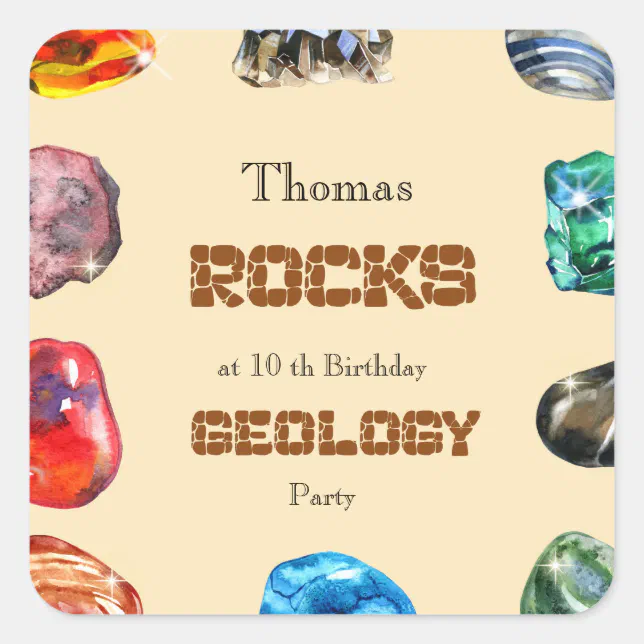 Geology birthday party rocks gemstone square sticker | Zazzle