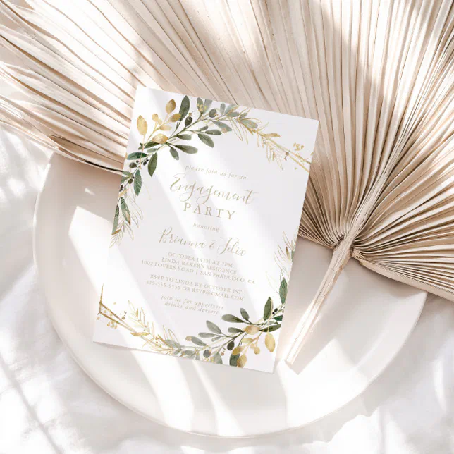 Geometric Gold Greenery Fall Engagement Party Invitation | Zazzle