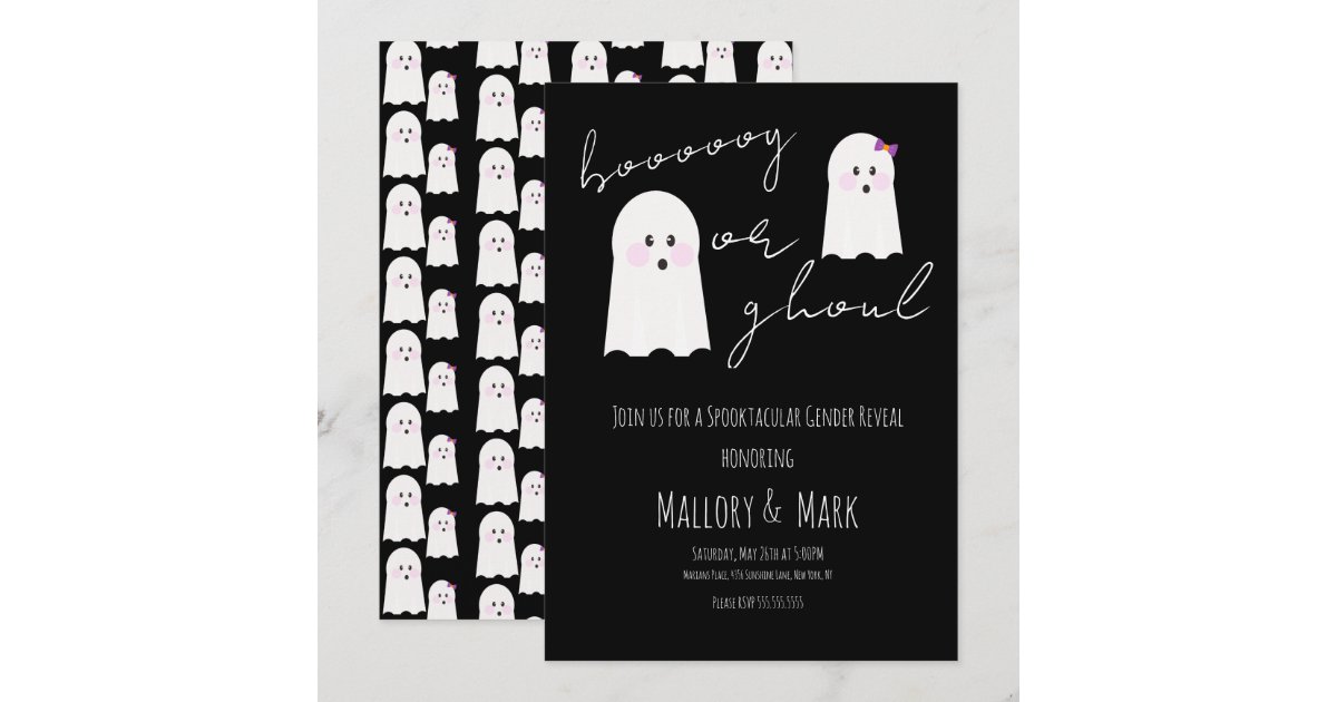 Ghost Ghoul Halloween Party Gender Reveal Black Invitation | Zazzle