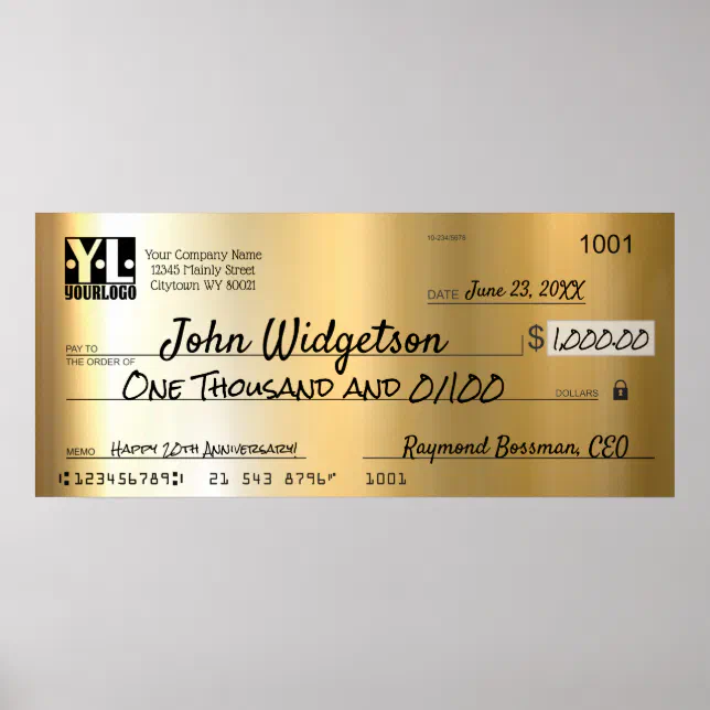 Giant faux presentation check charity bonus prize poster | Zazzle