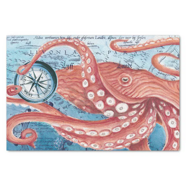 Giant Red Pacific Octopus Compass Vintage Map Art Tissue Paper | Zazzle