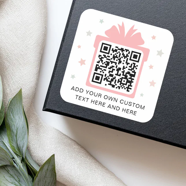 Gift box present with stars QR code pink white Square Sticker | Zazzle