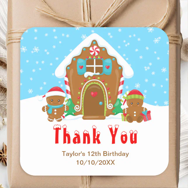 Gingerbread Birthday Party Blue and Red Thank You Square Sticker | Zazzle