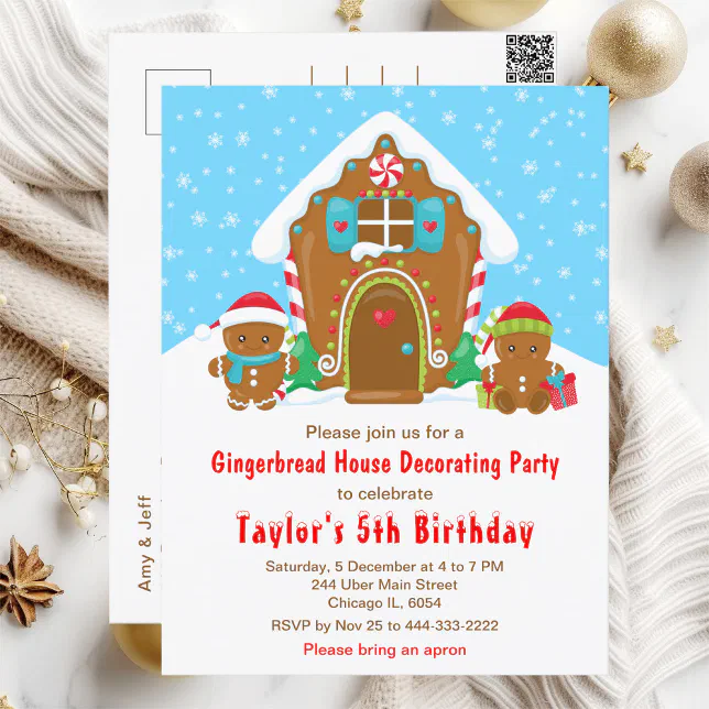 Gingerbread Decorating Birthday Party Blue and Red Postcard | Zazzle
