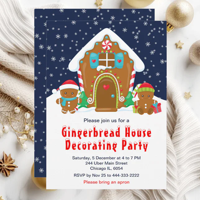Gingerbread Decorating Party Navy Blue and Red Invitation | Zazzle