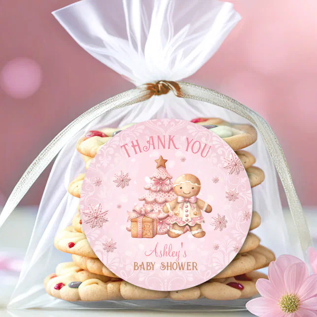 Gingerbread Man Girl Pink Christmas Baby Shower Classic Round Sticker ...