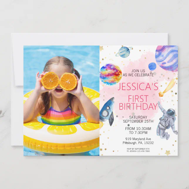 Girl Astronaut Outer Space Rocket Ship Planet Invitation | Zazzle