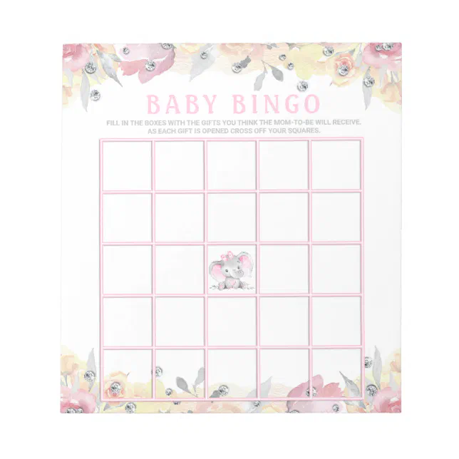 Girl Elephant Baby Shower Bingo Game Cards Notepad | Zazzle