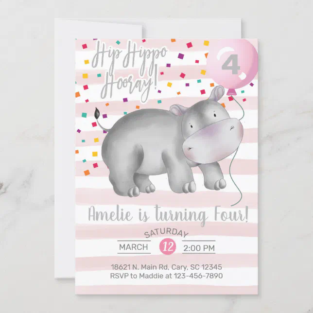 Girl pink hippo birthday invitation, invite. invit invitation | Zazzle