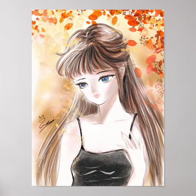 Girl Under Fall Leaves Illustration Poster | Zazzle
