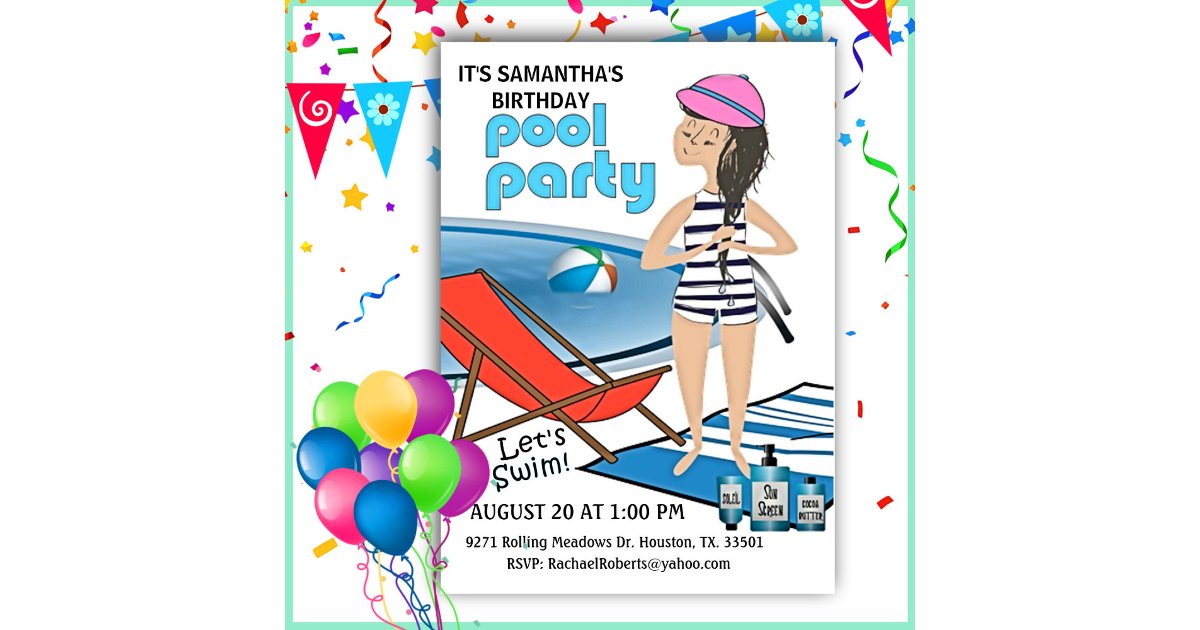 Girl's Birthday Pool Party Let's Swim Invitation | Zazzle