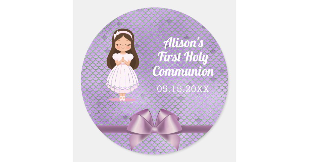 Girls First Holy Communion Purple Bow Classic Round Sticker | Zazzle