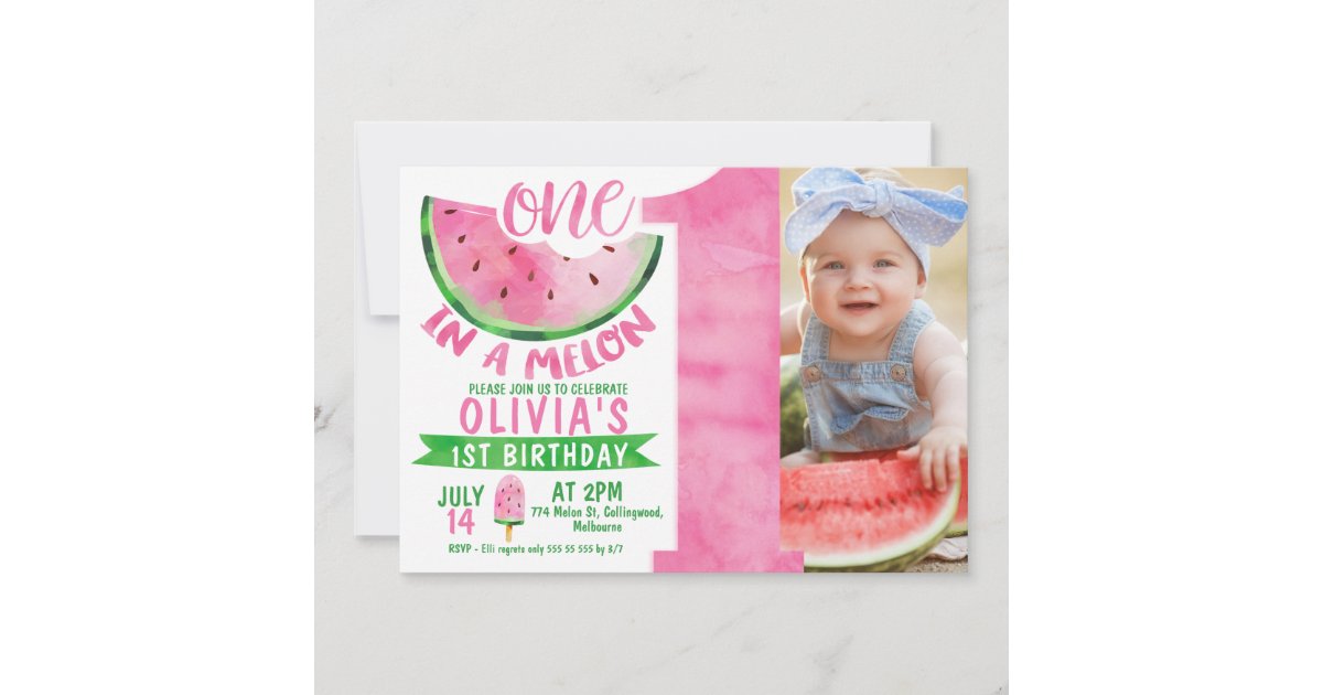 Girls Large Number In A Melon Photo 1st Birthday Invitation | Zazzle