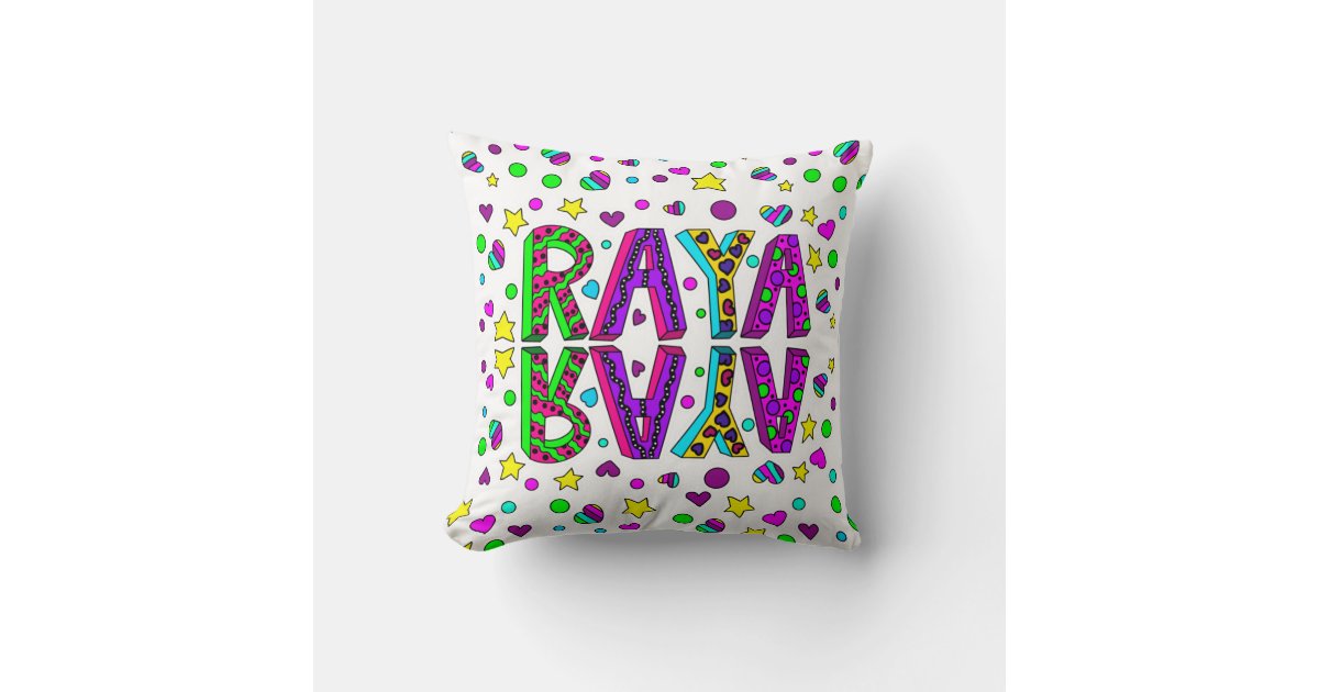 Girl's Name Raya with Stars and Hearts Cushion | Zazzle