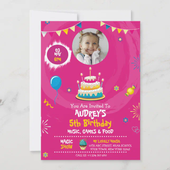 Girls Pink 5th Birthday Party Invitation Card | Zazzle