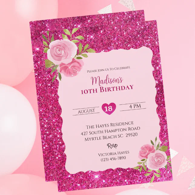 Girls Pink Glitter Floral 10th Birthday Party Invitation | Zazzle