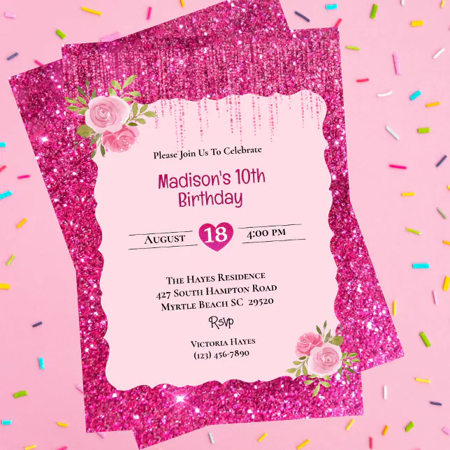 Girls Pink Glitter Floral 10th Birthday Party Invitation | Zazzle