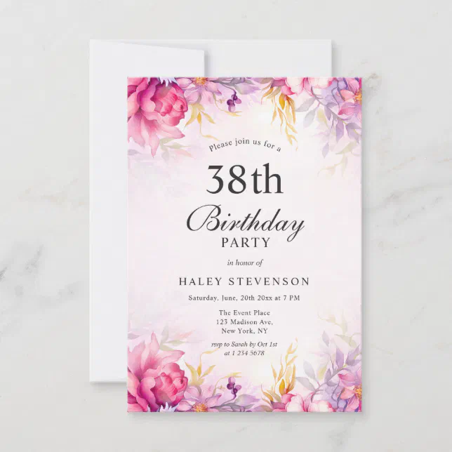 Girly Floral Pastel Watercolor Chic 38th Birthday Invitation | Zazzle