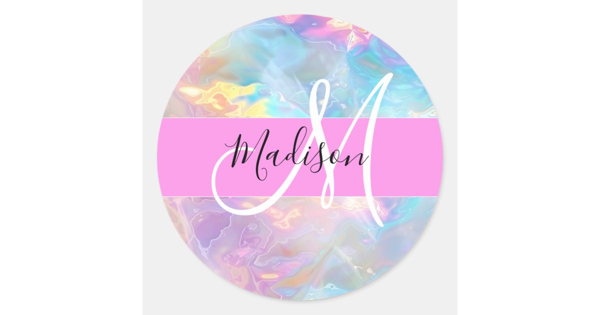 Girly Rainbow Holographic Iridescent Monogram Name Classic Round ...
