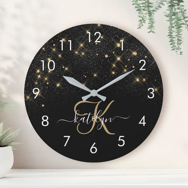 Glam Gold Glitter Diamond Sparkle Elegant Monogram Round Clock | Zazzle