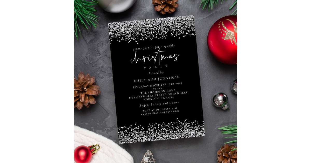 Glam Silver Glitter Christmas Party Black Invitation | Zazzle