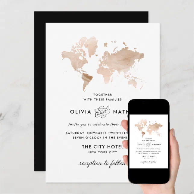 Glamourous World Map | Elegant Travel Theme Weddin Invitation | Zazzle