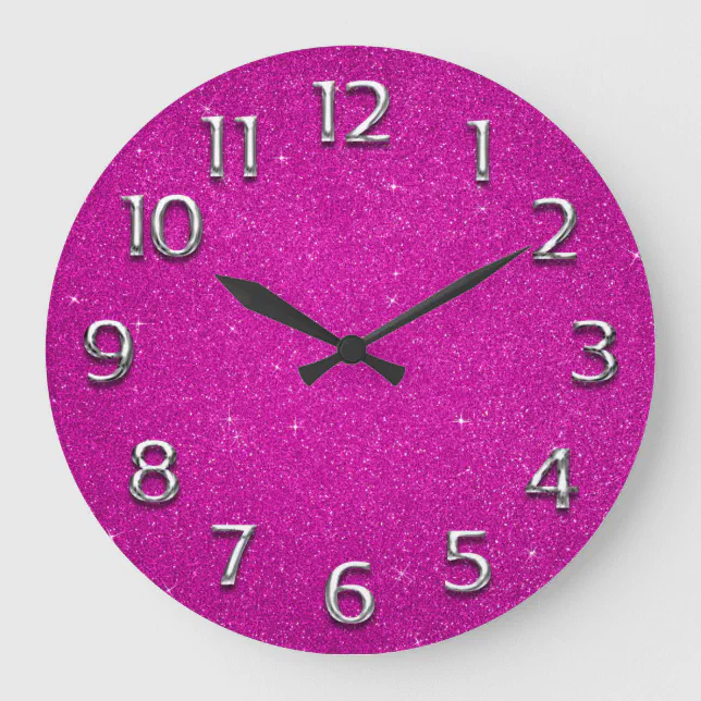 Glitter Arabic Numbers Grey Fuchsia Pink Spark Large Clock | Zazzle