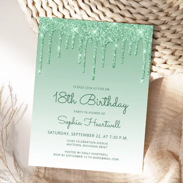 Glitter Drips Green 18th Birthday Party Invitation Postcard | Zazzle