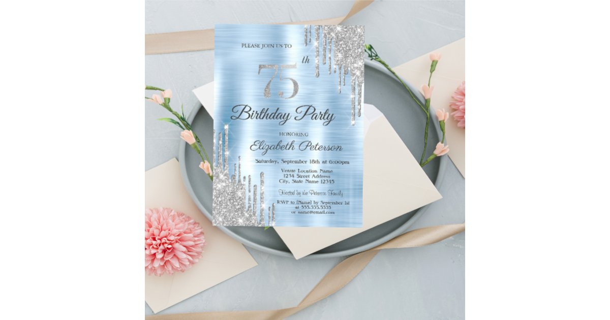 Glitter Drips Silver 75th Birthday Invitation | Zazzle
