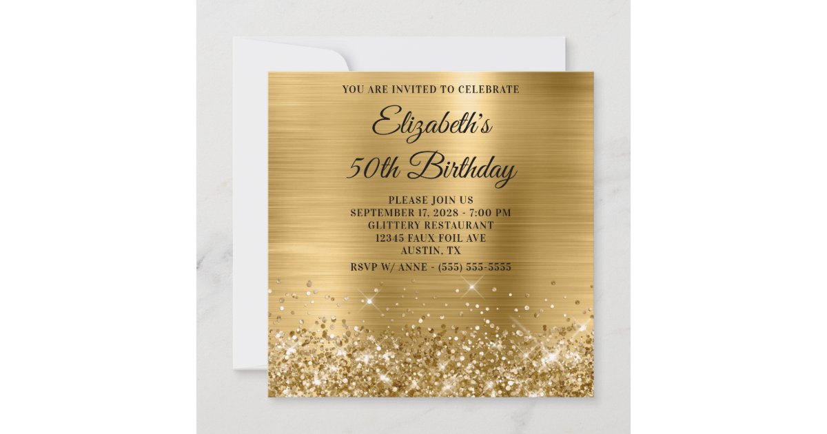 Glittery Gold Metallic 50th Birthday Invitation | Zazzle