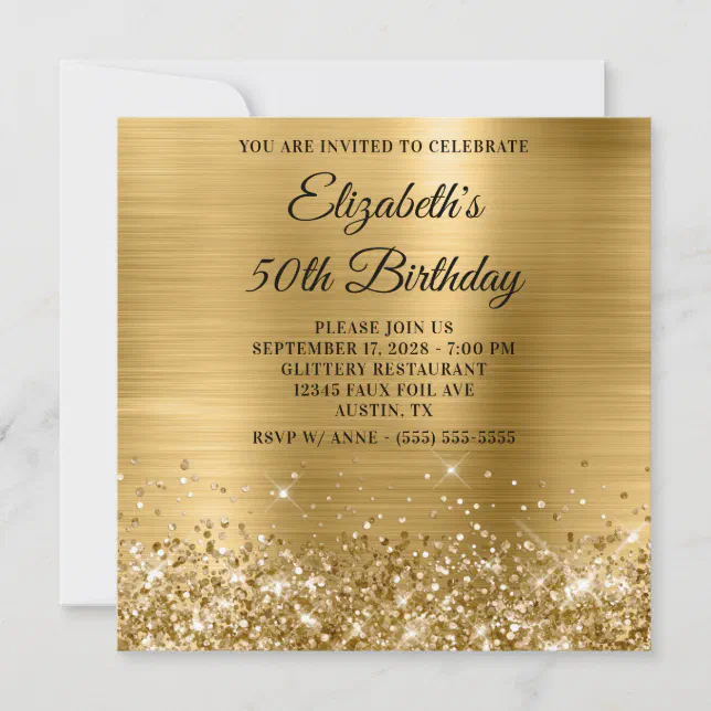 Glittery Gold Metallic 50th Birthday Invitation | Zazzle
